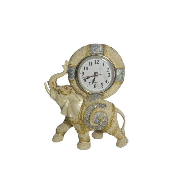 Other | Elephant Quartz Tabledesk Clock Resin Cream Gold Tone Silver ...